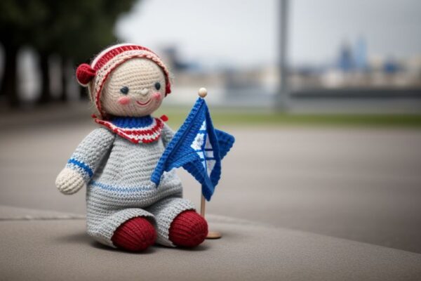 Crafting Pride: Knitted Doll Wearing Israeli Flag Colors with Star of ...